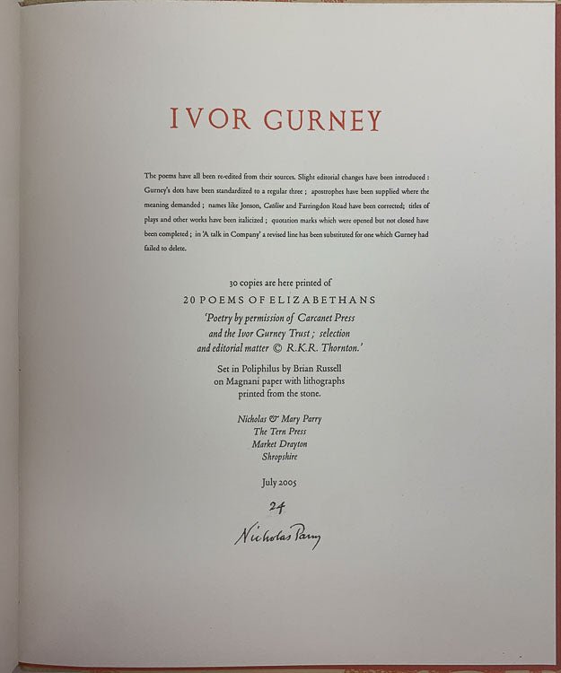 Ivor Gurney, SIGNED • Twenty Poems of Elizabethans • Cheltenham Rare Books